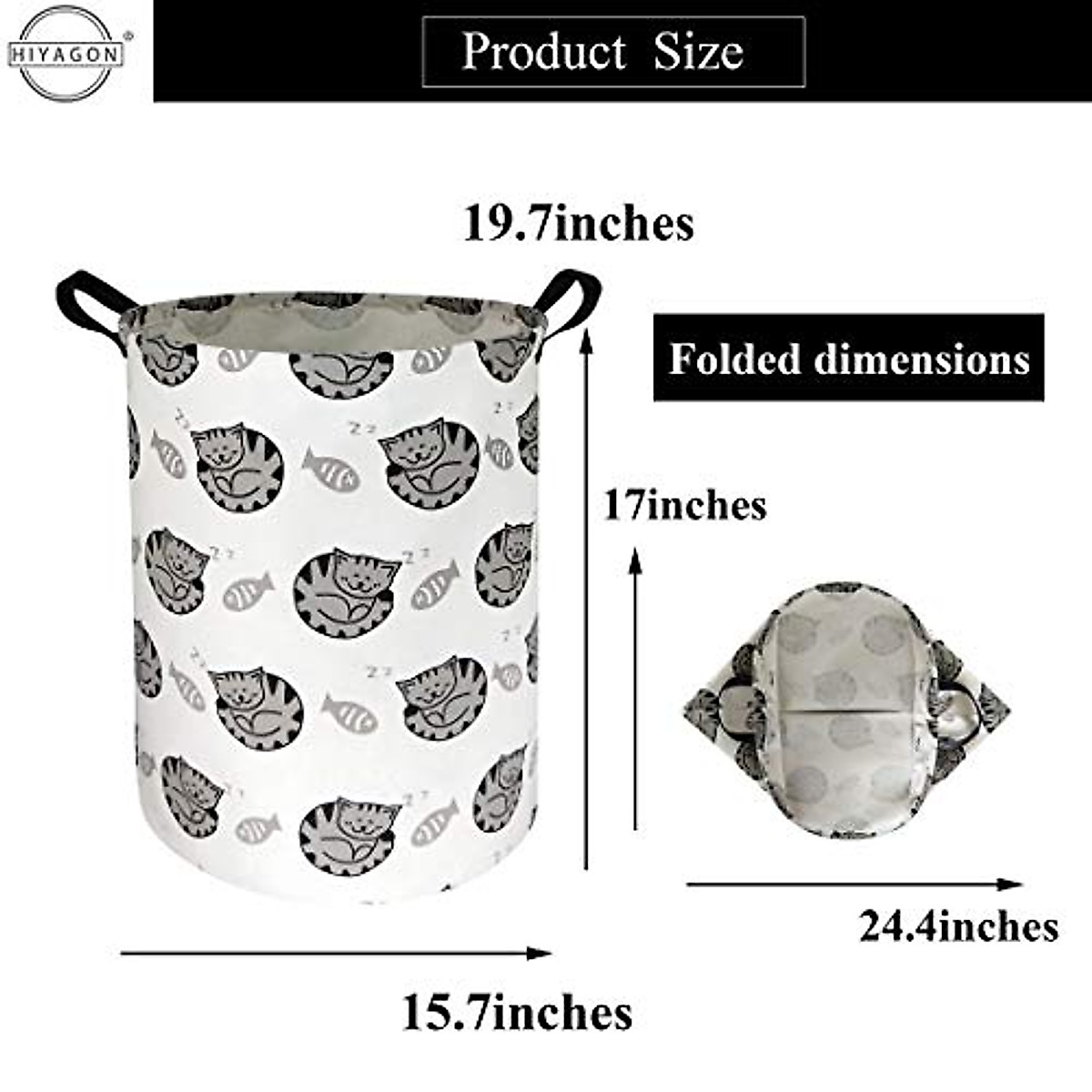 HIYAGON Large Storage Baskets,Waterproof Laundry Baskets,Collapsible Canvas Basket for Storage Bin for Kids Room,Toy Organizer,Home Decor,Baby Hamper(Fish & Cat)