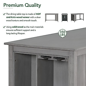 BIADNBZ 5-Piece Counter Height Dining Table Set for 4, Multi-Functional Rubber Wood Kitchen Furniture with Padded Chairs, Integrated 9 Bar Wine Compartment&Wineglass Holders, Gray