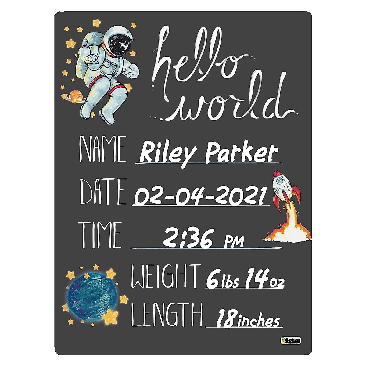 Cohas Hello World Newborn Baby Announcement Chalkboard Sign with Space Theme, 9 by 12 Inches, White Marker