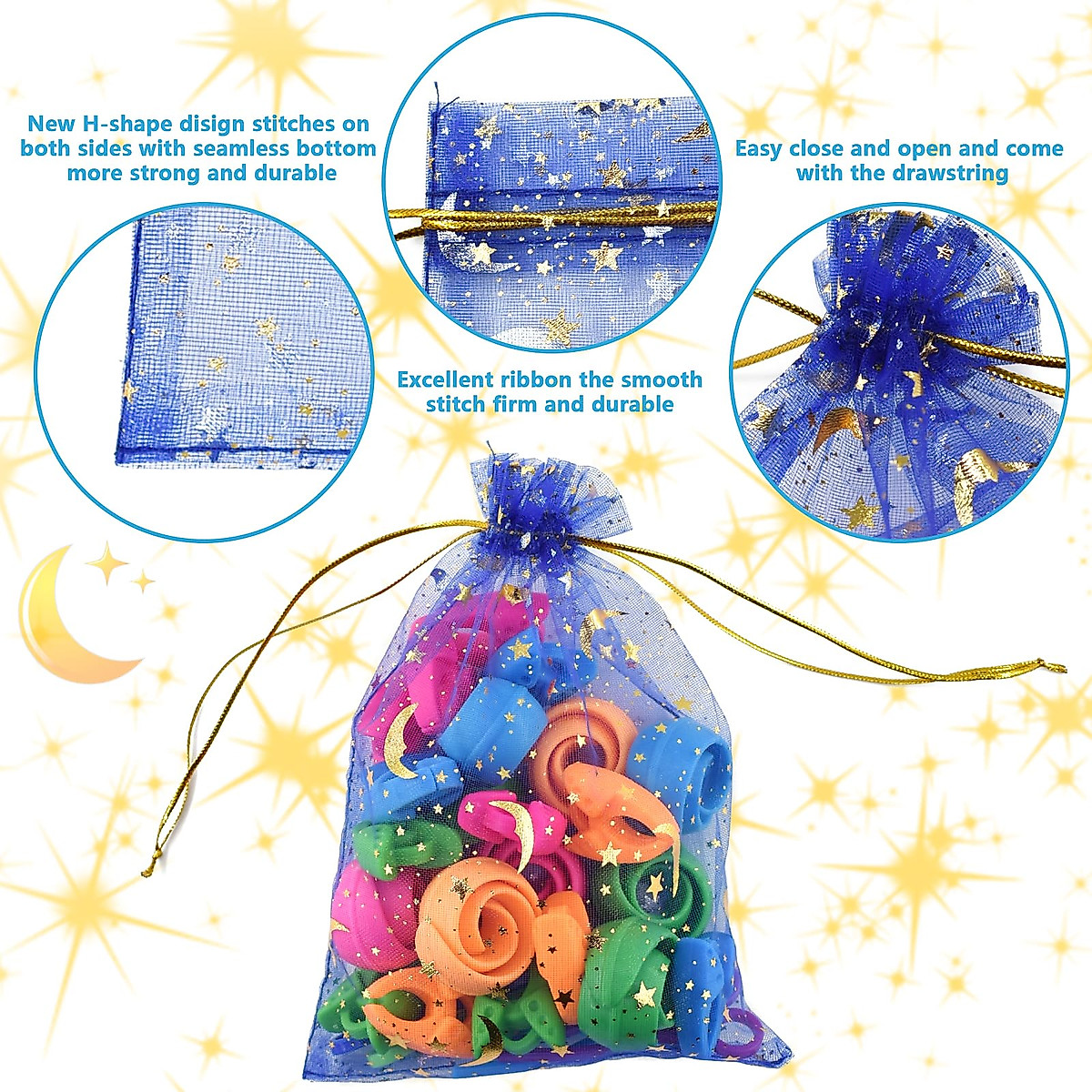 SHRJ 100pcs 10 Colors Organza Sheer Bags with Drawstring for Wedding, Valentine, Halloween, Christmas, Thanksgiving, Birthday Party Candy Gift Supplies, Moon Star, 5” x 7”