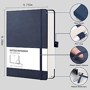 RETTACY Bullet Dotted Journal - A5 Dotted Grid Journal Notebook with 256 Pages, 120 GSM Acid-Free Paper, Bullet Journaling, Sketching, Leather Hardcover, Inner Pocket, 5.7'' × 8.3'' (Navy Blue)