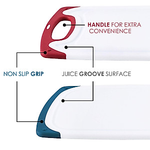 CHEF GRIDS Durable Plastic Cutting Board Set, Chopping Board Thick Plastic, for Vegetable Meat or Cheese with Non-Slip Feet and Handles with Juice Groove (Red, Blue, Grey)