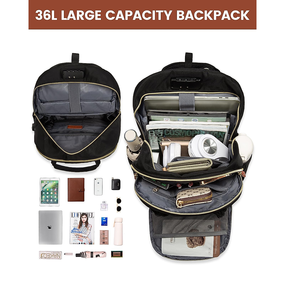 LOVEVOOK Laptop Backpack for Women & Men, Unisex Travel Anti-theft Bag Business Computer Backpacks Purse College Bag, Casual Hiking Daypack with Lock, 17 Inch, Black