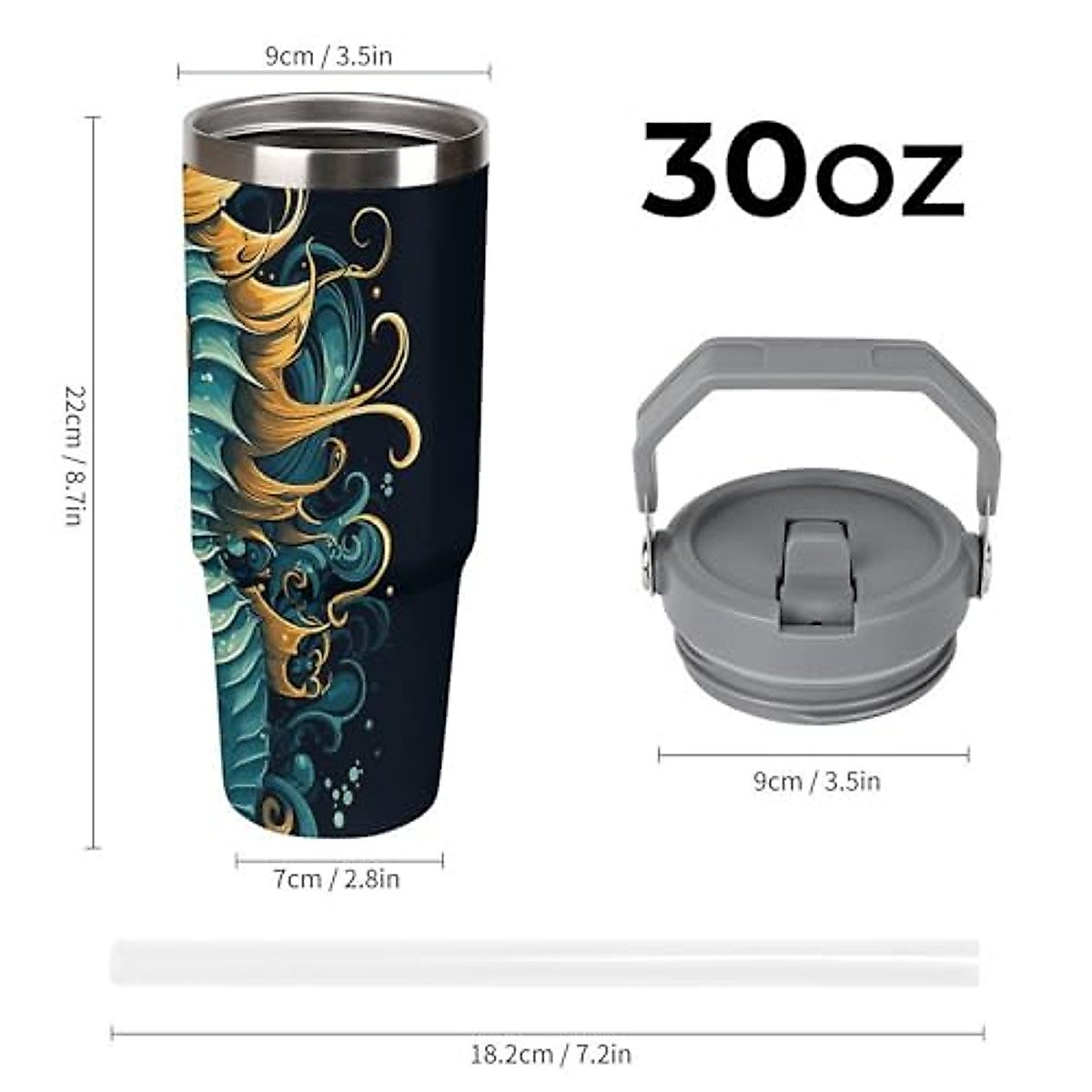 YTLKGFP 30 Oz Large Capacity Car Cup Seahorse Blue Pattern Tumbler with Handle Straw Lid Insulated Stainless Steel Water Bottle Travel Mug Leak-proof Car Cup Keeps Cold Or Hot