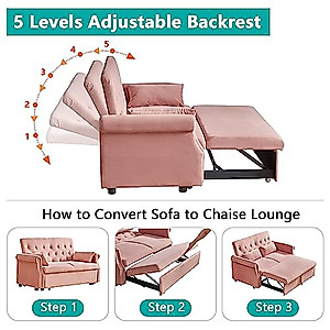 LEVNARY Velvet Small Convertible Sleeper Sofa, Pull-Out Loveseat Futon Sofa Bed, Upholstered Twin Couch Bed with Adjustable Backrest for Small Spaces Living Room (Pink)