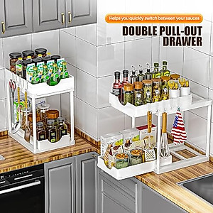 2 Pack Under Sink Organizer，Bathroom Cabinet Organizer, 2 Tier Sliding Cabinet Organizer Drawer with 8 Hooks Pull Out Cabinet Organizer Multi-Purpose Organizer for Bathroom Kitchen (White x 1)