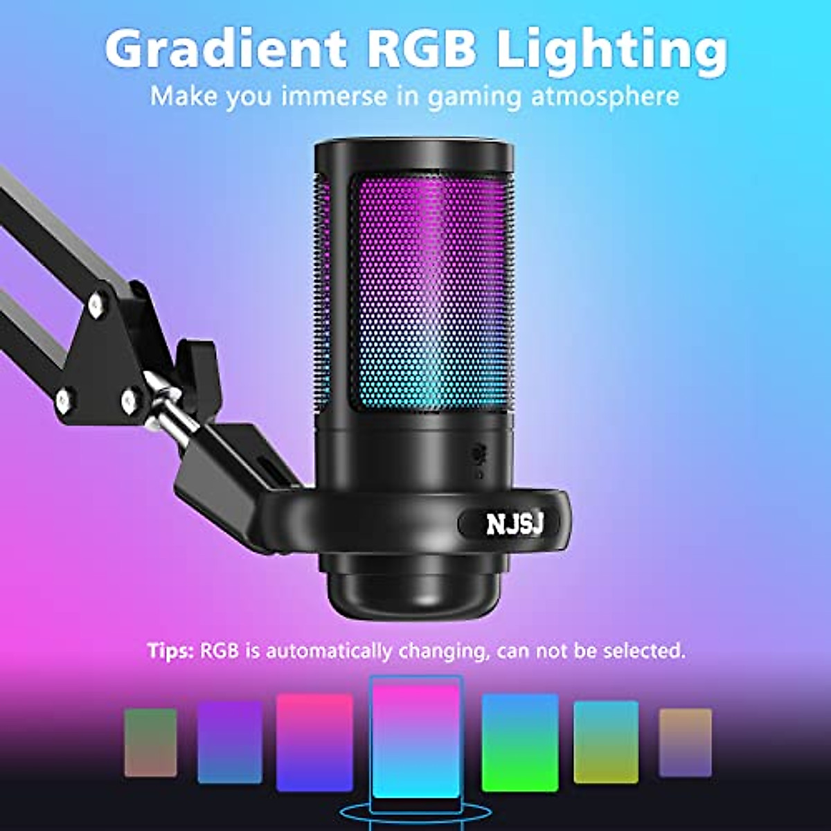 NJSJ USB Gaming Microphone for PC, Condenser Mic with Boom Arm for PS4/ PS5/ Mac/Phone with Touch Mute, RGB Lighting,Gain knob & Monitoring Jack for Streaming,Podcasting,YouTube