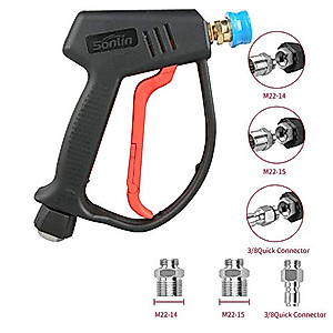 Sooprinse High Pressure Washer Gun 4000psi, High Pressure Spray Gun with 5 Quick Connect Nozzles,G1/4 Quick Connector Outlet with 3 pcs inlet adapters G3/8 quick connector, M22-14mm, M22-15mm