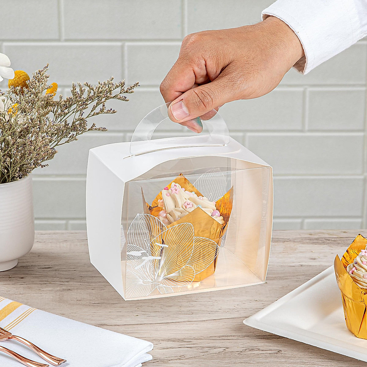 Restaurantware-5 Inch x 3.25 Inch Individual Cupcake Boxes, 100 Disposable Cupcake Display Boxes - With Handle, Lotus Accent, Clear Plastic Single Cupcake Containers, For Weddings Or Birthdays