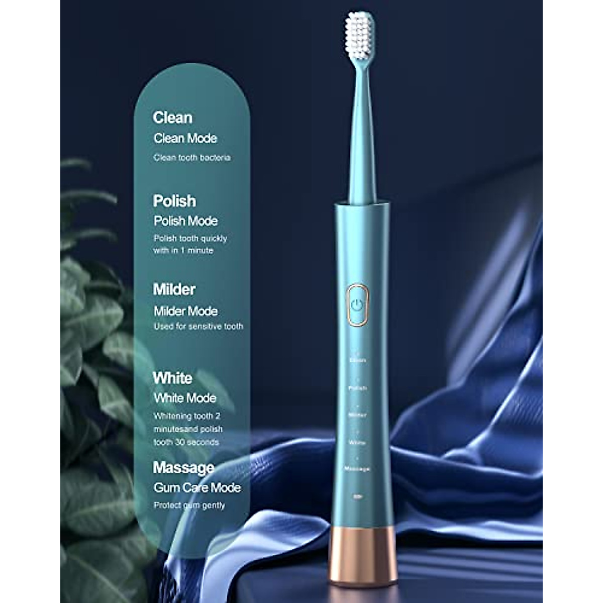 USB Rechargeable Sonic Electric Toothbrush for Adults, Powered Motor High Vibration Teeth & Gum Care, Soft Dupont Brush Heads, 2 Minutes Timer 5 Modes, Green