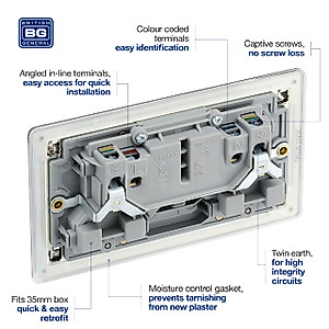 BG Electrical Double Switched Screwless Flat Plate Power Socket, Brushed Steel, 13 Amp