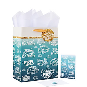 13" Large Green Gift Bag for Men's or Women's Birthday Party, Boys', Girls', or Kids' Party, Baby Showers, Baby Boys or Girls
