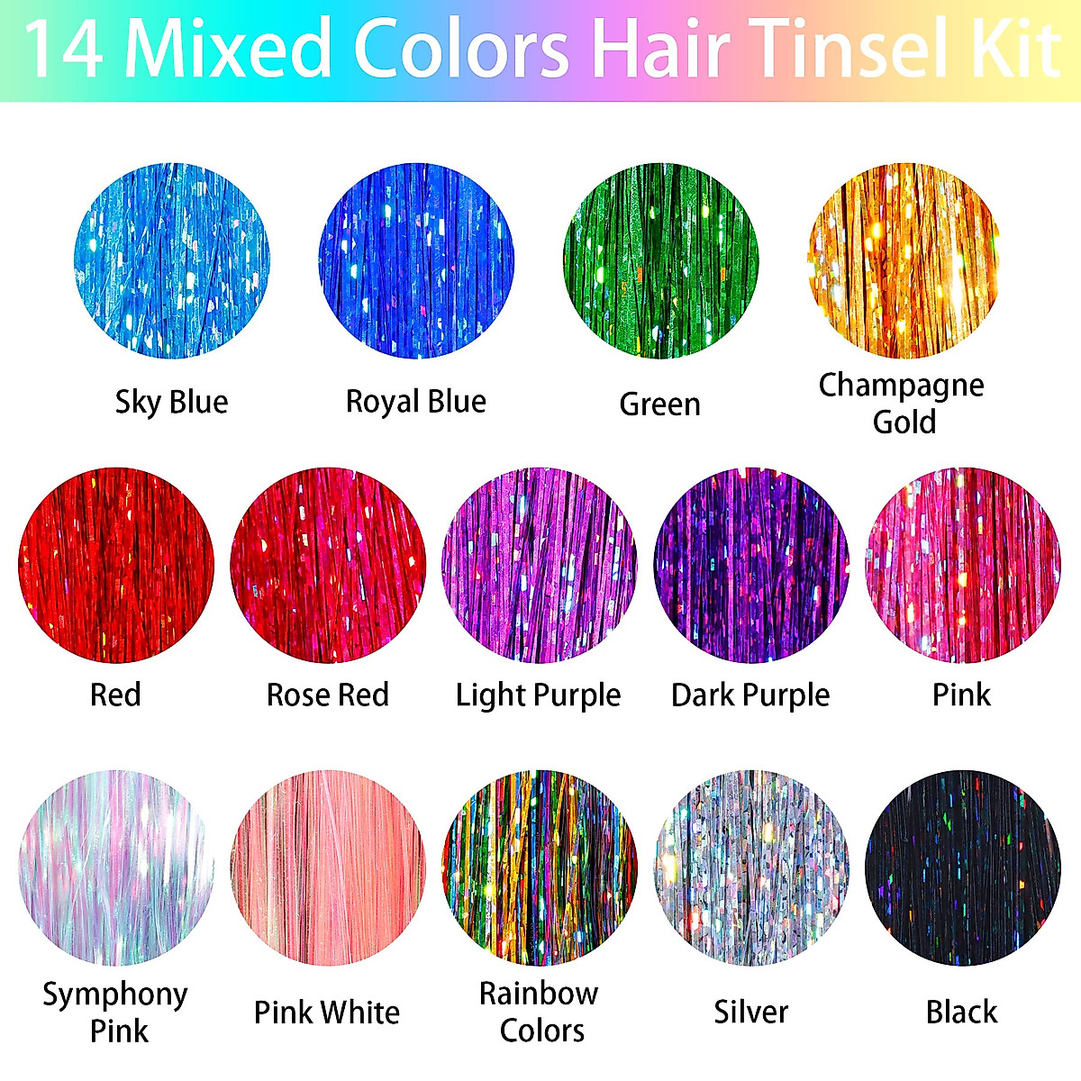 HAUTOCO Hair Tinsel Kit, 2800 Strands 47 Inch Glitter Tinsel Hair Extensions with Tools Fairy Hair Tinsel Kit, Heat Resistant Sparkling Hair Tinsel for Cosplay Christmas New Year Party(14 Colors)