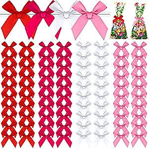 120 Pcs Easter Twist Bow Satin Twist Tie Bows Fabric Bows for Crafts Polyester Craft Bows Decorating Ribbon Bows Gift Wrap Bows for Candy Bags Decoration (Rose Red, Pink, Red, White)