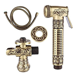 Antique Bronze Bidet Toilet Seat Sprayer Gun Hygienic Shower Set Bidet Faucet with Brass Shower Holder Carved Triangle (Color : D) (E)