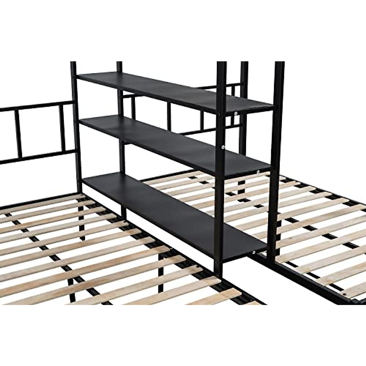 Goohome Full Over Twin and Twin Size Triple Bunk Bed with 4 Shelves, Heavy-Duty Steel Triple Bunk Beds Frame W/Safety Guardrail, Built-in Wood Slat and Ladder, for Kids, Teens, Adults