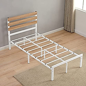 GreenForest Twin Bed Frame with Wooden Headboard Platform Bed with Metal Support Slats NO-Noise Heavy Duty Bed Base Industrial Style with 9 Strong Legs,Mattress Foundation,Twin