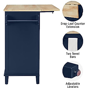 Crosley Furniture Cora Drop Leaf Kitchen Island Microwave Stand, Coffee Bar with Storage Drawers and Shelves, Navy