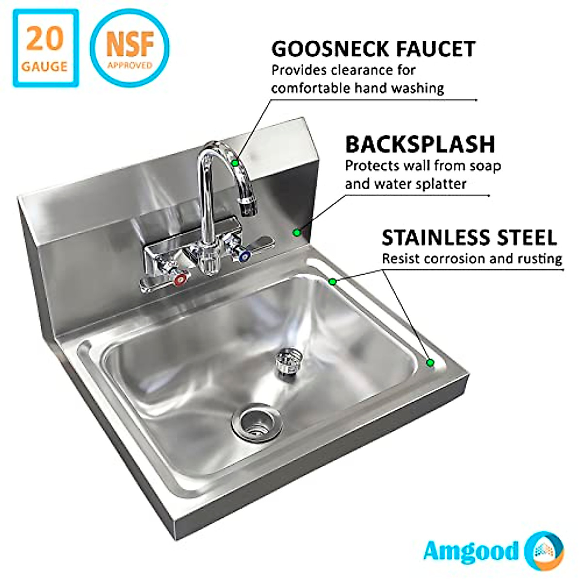 AmGood Stainless Steel Wall Mount Hand Sink | NSF | Commercial Hand Washing Basin For Restaurant, Kitchen and Home (17" x 15")