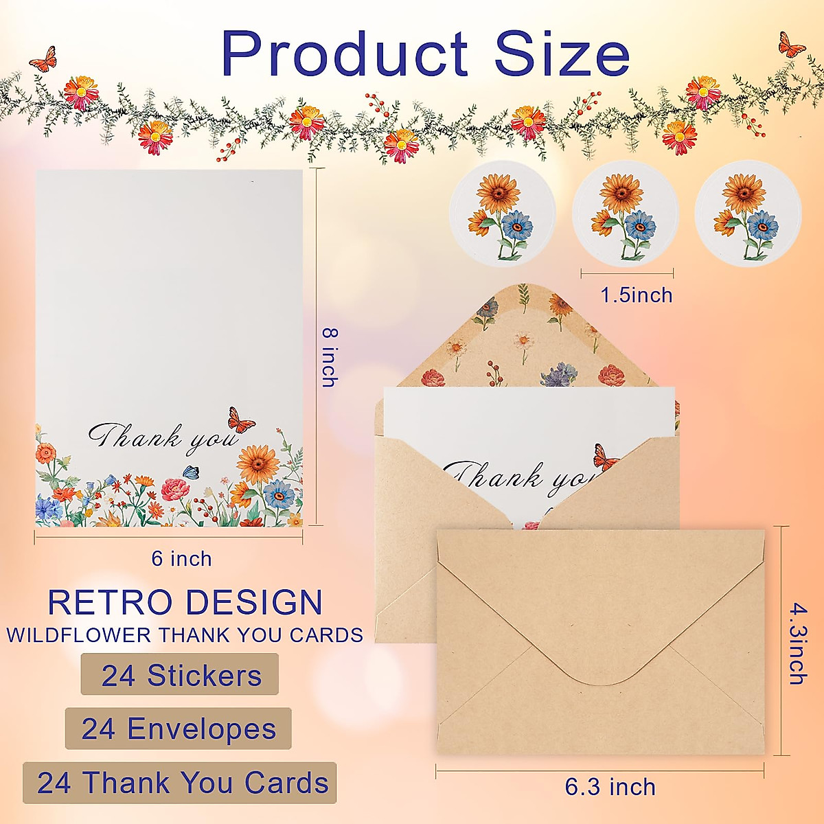 Runyanofamily Wildflower Design Thank You Cards with Kraft Envelopes - Perfect for Wedding, Baby Shower, Bridal Shower and Graduation (Yellow, 24 PCS)