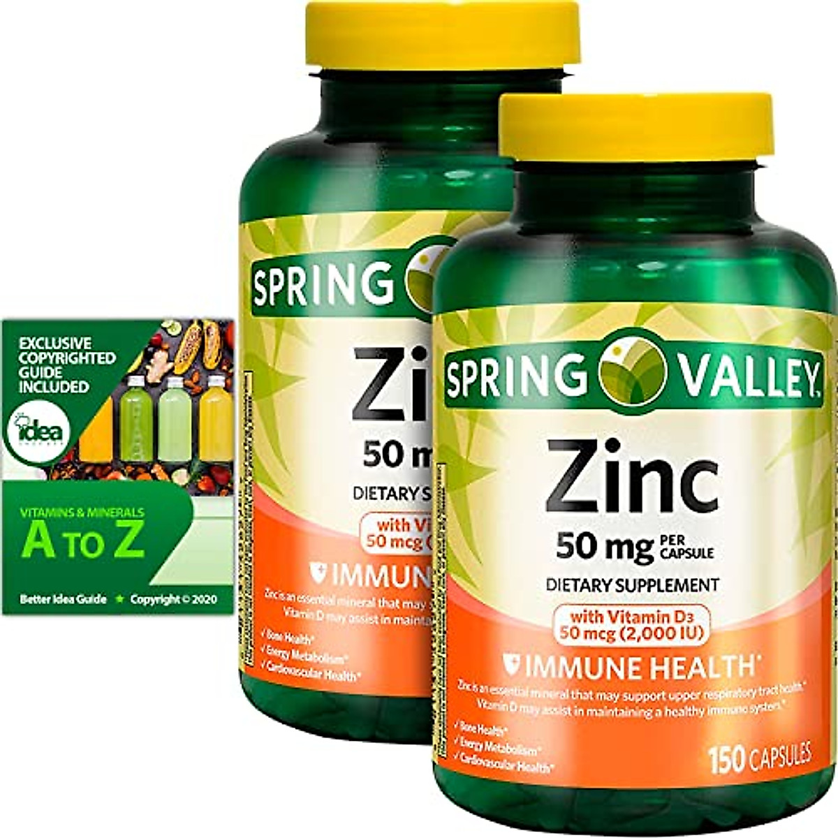Spring Valley Zinc 50 mg with Vitamin D3 50 mcg Capsules + “Vitamins & Minerals - A to Z" - Better Idea Guide (2 Pack 300 ct)