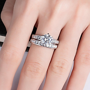 Moissanite Engagement Rings 1ct D Color VVS1 Clarity Round Brilliant Cut Channel Set Lab Created Diamond S925 Sterling Silver 6 Prong Solitaire Promise Wedding Rings Christmas Gift for Women with Certificate(6)