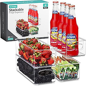 Sorbus Stackable Refrigerator Organizer Bins - Clear Storage Bins for Kitchen Pantry, Freezer & Fridge Organization - Food Organizing Plastic Containers with Handles for Countertops & Drawers (4 Pack)