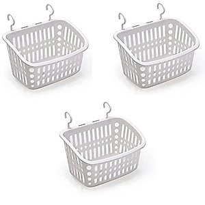 Doitxue 3PCS Plastic Hanging Baskets for Shower, Hanging Basket Organizer with Hooks, Rectangle 8.5Inches Small Hanging Storage Basket (Grey)