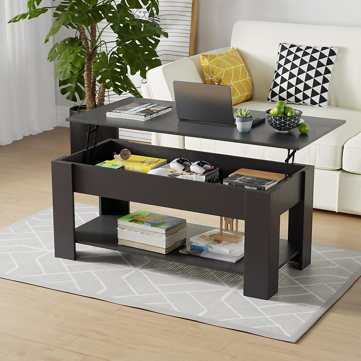 FDW Coffee Table Lift Top Coffee Table Coffee Table with Hidden Compartment and Storage Shelf for Living Room Reception Room 47.2in L,Black