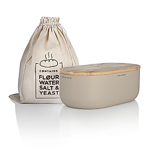 LARS NYSØM Bread Box I Metal bread box with linen bread bag for long lasting freshness I Bread box with bamboo lid usable as cutting board I 14.2x7.5x5.1 In (Greige)