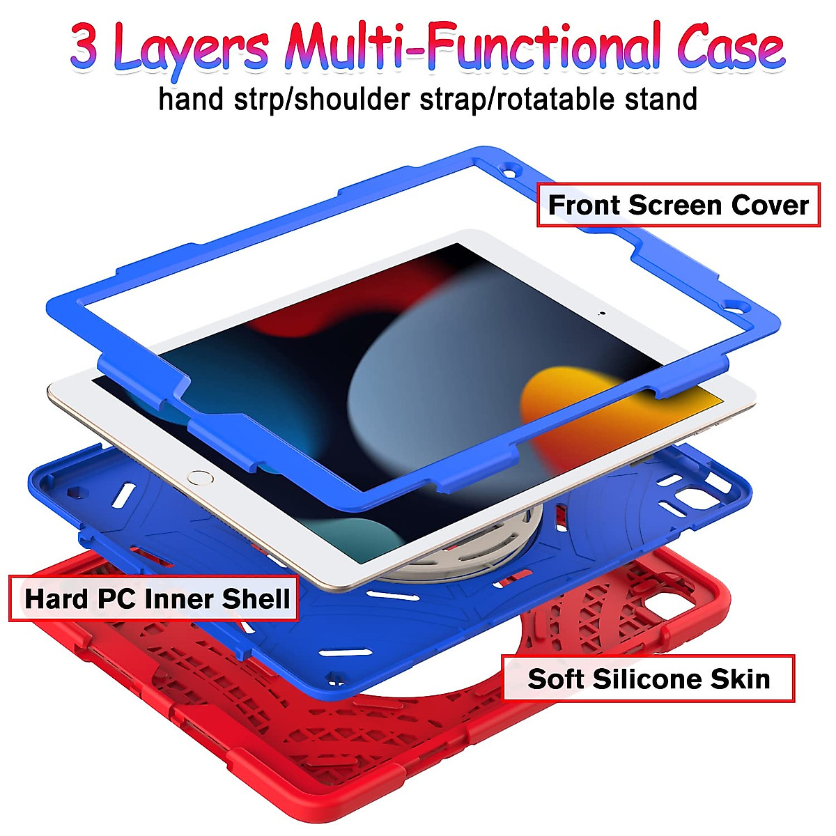BMOUO Case for iPad 9th/8th/7th Generation - 10.2 Inch 2021/2020/2019 with Screen Protector, 360 Rotating Stand Hand & Shoulder Strap Shockproof Kids Case for iPad 9/8/7 Gen, Red