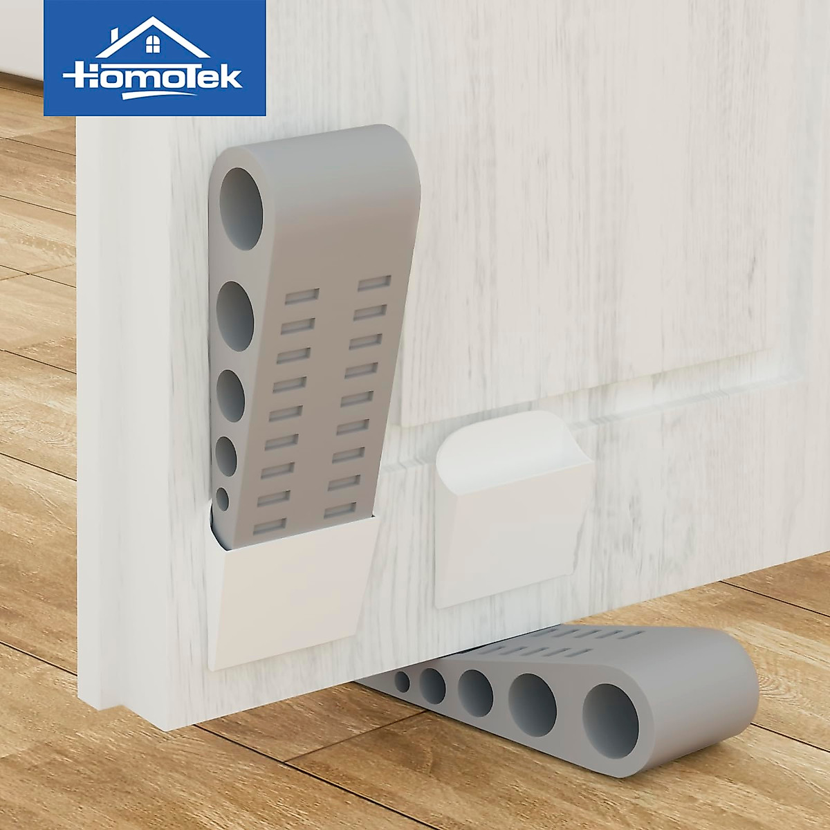 HOMOTEK 2 Pack Wedge Rubber Door Stops Door Chucks Stoppers Wall Protector for Floor & Bottom of Door with Self Adhesive White Holder, 5"x1-9/16"x1-5/16" (Gray)