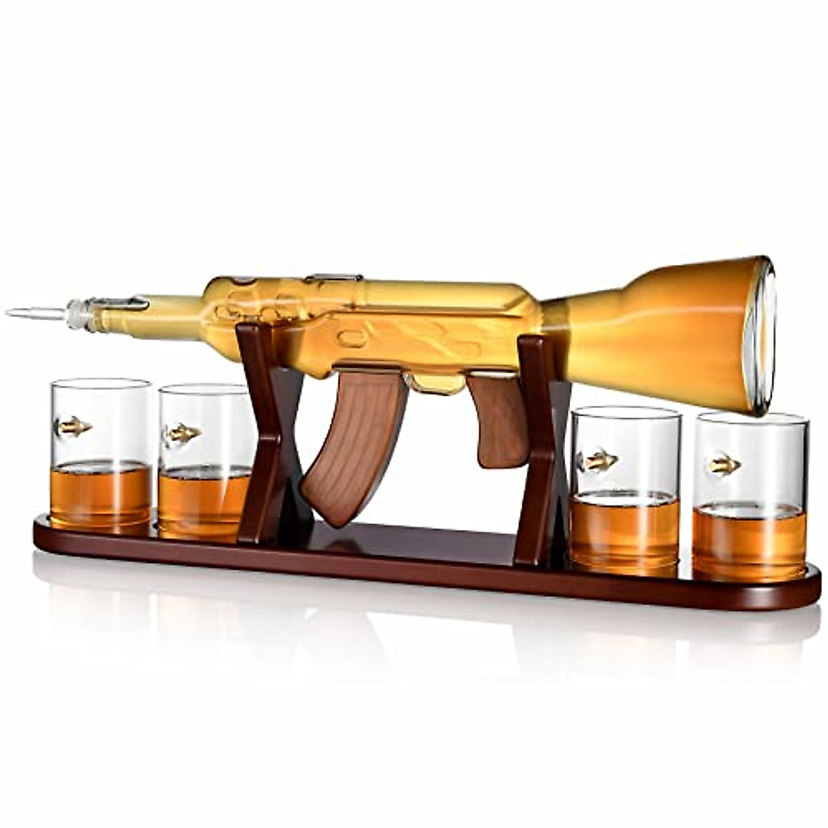 Large Gun Whiskey Decanter By The Diamond Glassware | Comes With A Set Of 4 Bullet Glasses & Mahogany Wooden Base| Decanter Set Perfect For Whiskey, Bourbon, Scotch, Liquor| Great Gift For Him| 1000ml