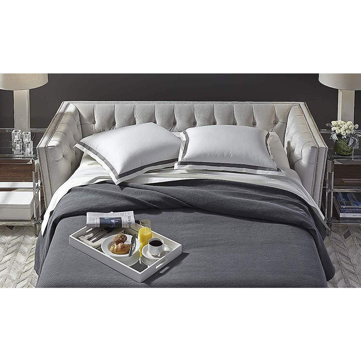 Twin Sleeper Sofa Fitted Sheet 100% Egyptian Cotton - Easy to fit - Luxurious Finish, Highly Durable, Breathable& Comfortable Sheets- 600 Thread Count Elephant Grey Stripe