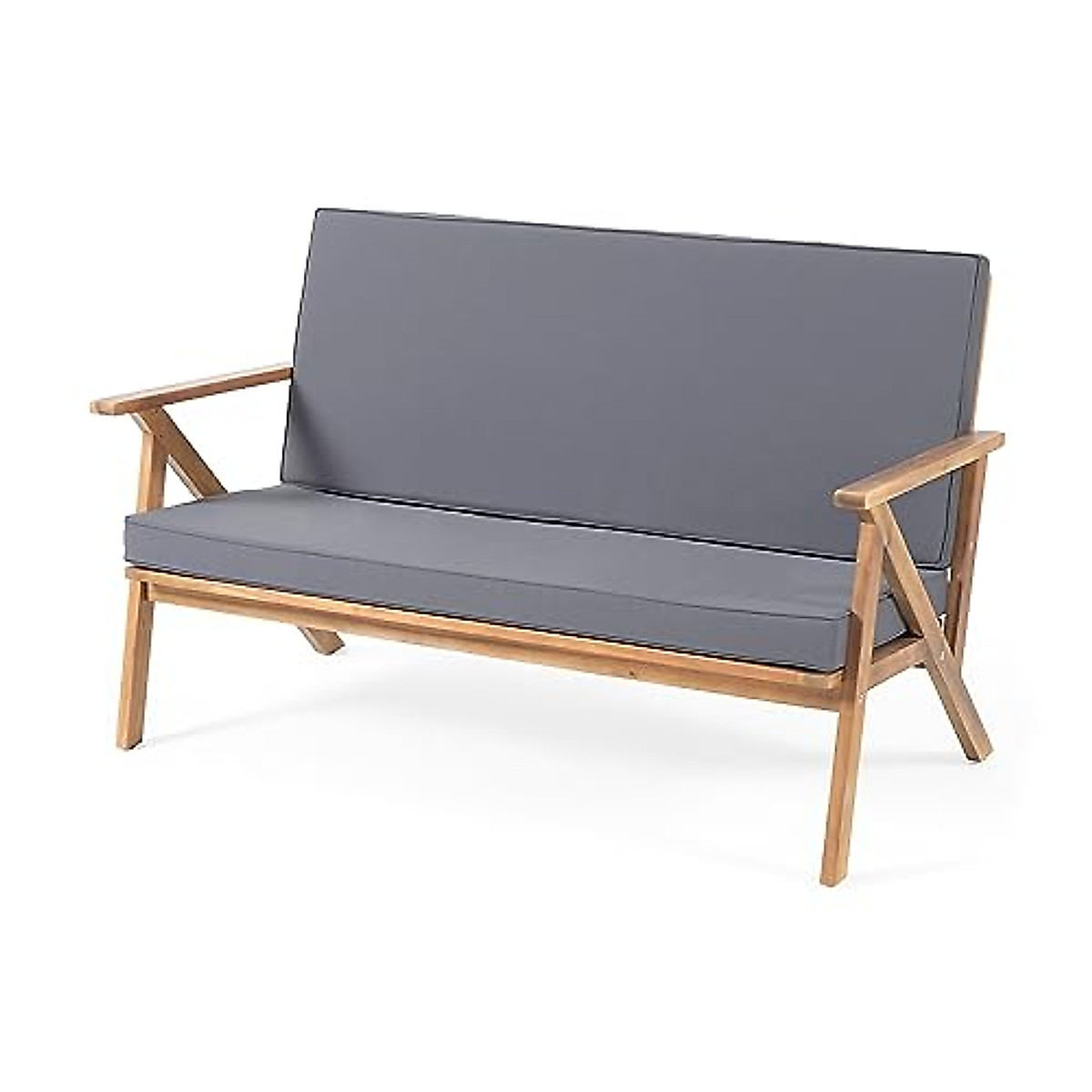 Christopher Knight Home Panama Outdoor Acacia Wood Chat Set with Water Resistant Cushions, 4-Pcs Set, Teak Finish / Grey