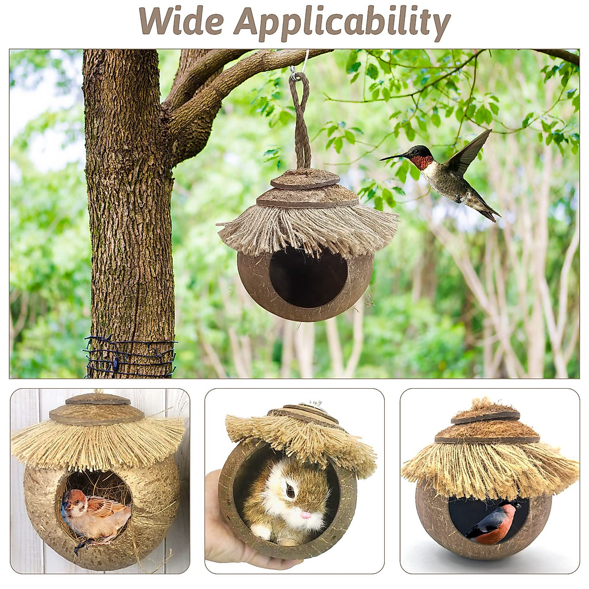 Tfwadmx Coconut Hide with Loop, Natural Coconut Fiber Hanging Birdhouse Cage, Coconut Bird Shell Breeding Nest for Parrot Parakeet Lovebird Finch Canary, Pet Cage Habitats Decor,Small Animals House