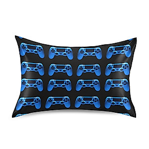 Oyihfvs Video Game Joystick Gamepad in Blue Neon Lights Isolated on Black Silky Satin Pillowcase for Hair and Skin, Soft Bed Pillow Cover, Decorative Silk Pillow Cases, King Size 20x40 inches