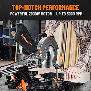 DOVAMAN 10in Sliding Miter Saw, Multi-use w/ 3 Blades, 15A Miter Saw, 4500/3200RPM, Ambidextrous Use, 0-45° Bevel Laser Cut, Max Cut 3.5x13.4in, 9 Positive Stops, for Cutting Wood, PVC or Soft Metal