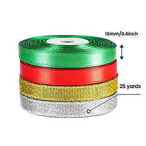 LIUYAXI 4 Rolls 3/8" Christmas Ribbon - Glitter Metallic Ribbon & Satin Ribbons Set, Total 100 Yards Xmas Holiday Festival for Gift Wrapping, Crafts, Festival Ornaments, Wedding Party Decoration