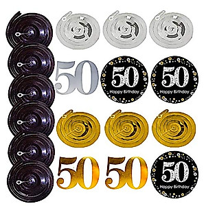 Famoby Black & Gold Glittery Happy 50th Birthday Banner,Poms,Sparkling 50 Hanging Swirls Kit for 50th Birthday Party 50th Anniversary Decorations Supplies