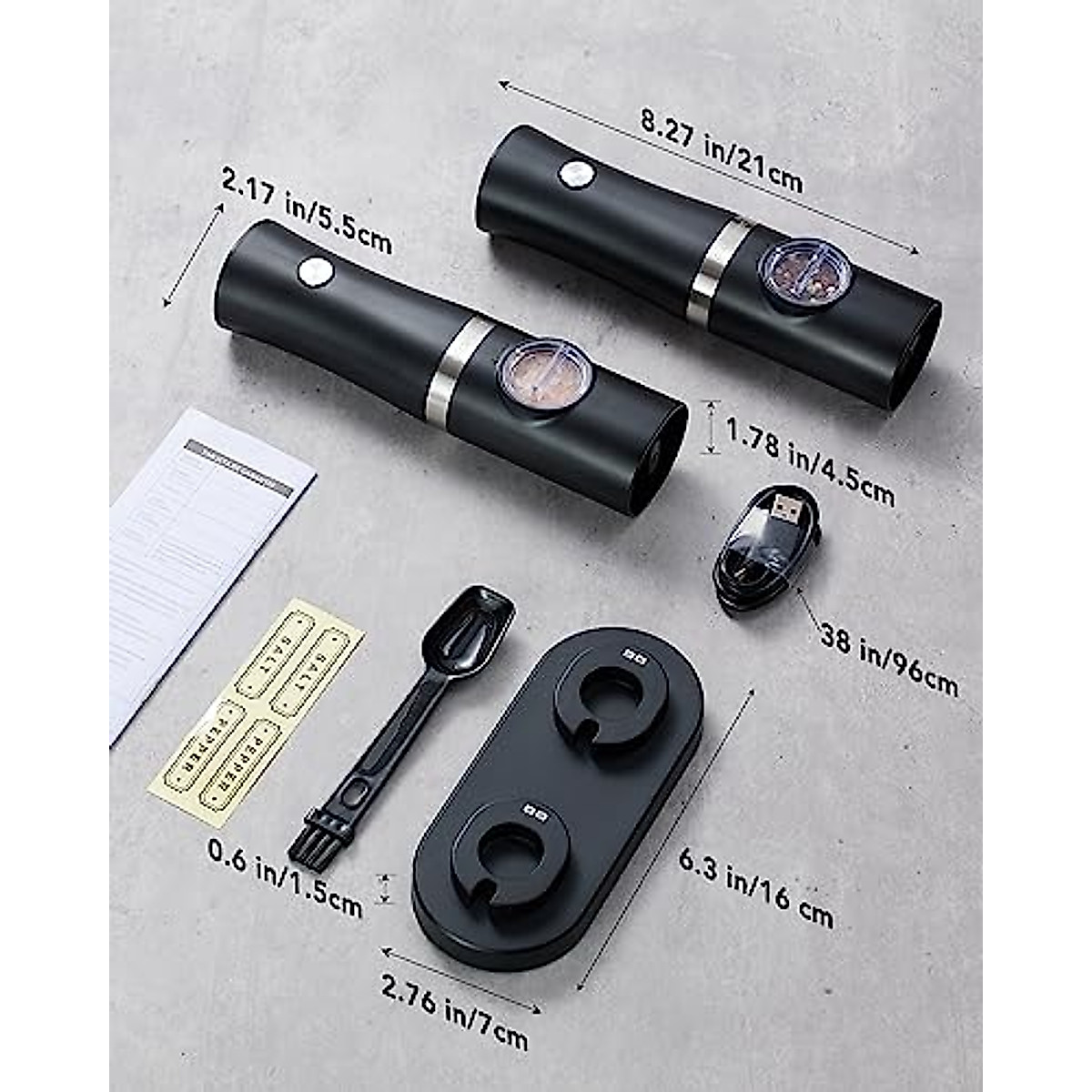 FORLIM Rechargeable Salt and Pepper Grinder Set with USB Base, Automatic Electric Pepper Mill, Adjustable Coarseness, with White LED Light, High Speed Grinding, One Hand Operation, 2 Mills