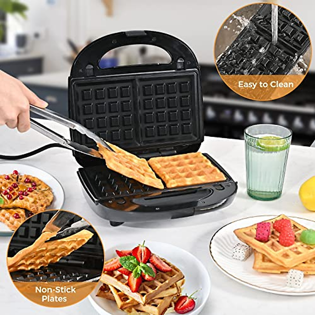 3 in 1 Sandwich Maker, Portable Waffle Iron Maker, Electric Panini Press with Removable Non-Stick Plates LED Indicator Lights, Cool Touch Handle for Breakfast Toaster, Grilled Cheese Bacon and Steak