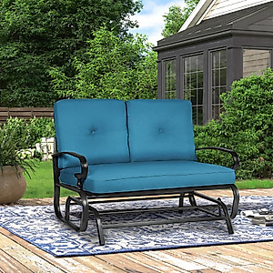 Patiomore Outdoor Bench Patio Swing Glider Loveseat 2 Seats Rocking Chair, Wrought Iron Chair Set with Blue Cushion