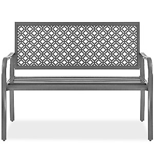 Best Choice Products Outdoor Bench 2-Person Metal Steel Benches Furniture for Garden, Patio, Porch, Entryway w/Geometric Backrest, 790lb Capacity – Gray