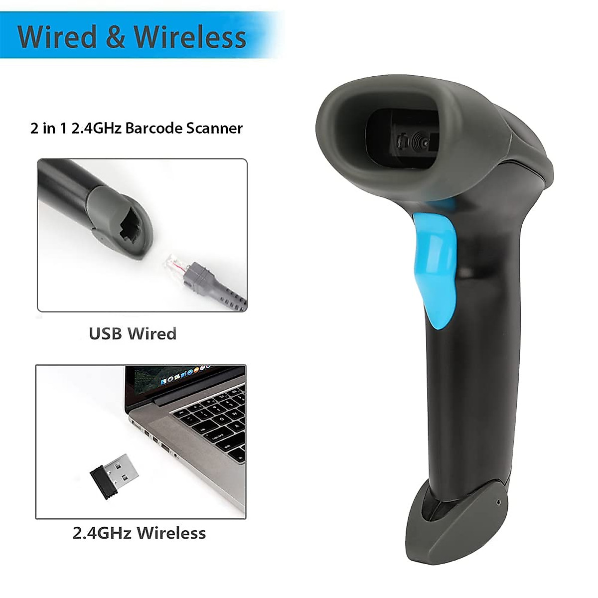 2D 1D 2.4G Wireless Bar Code Scanner Versatile 2 in 1 (Wireless+Wired) for Computers PC, UNIDEEPLY Automatic Barcode Reader Scanner 196 Feet Indoor Transmission Distance, QR PDF417 Scanning Gun, Black