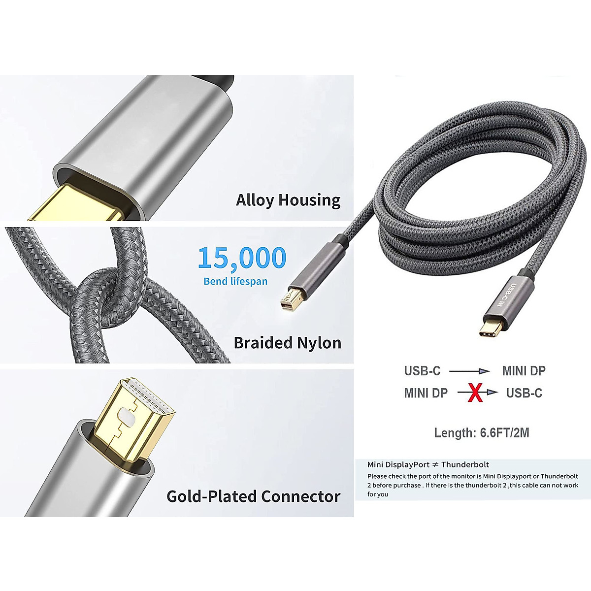 Onep USB C to Mini DisplayPort, Onepeace Thunderbolt 3 Cable to USB C 6.6FT, Compatible for MacBook ProAir 2020-2016, Surface Book2, Galaxy S2191020 (NOT Thunderbolt 2)