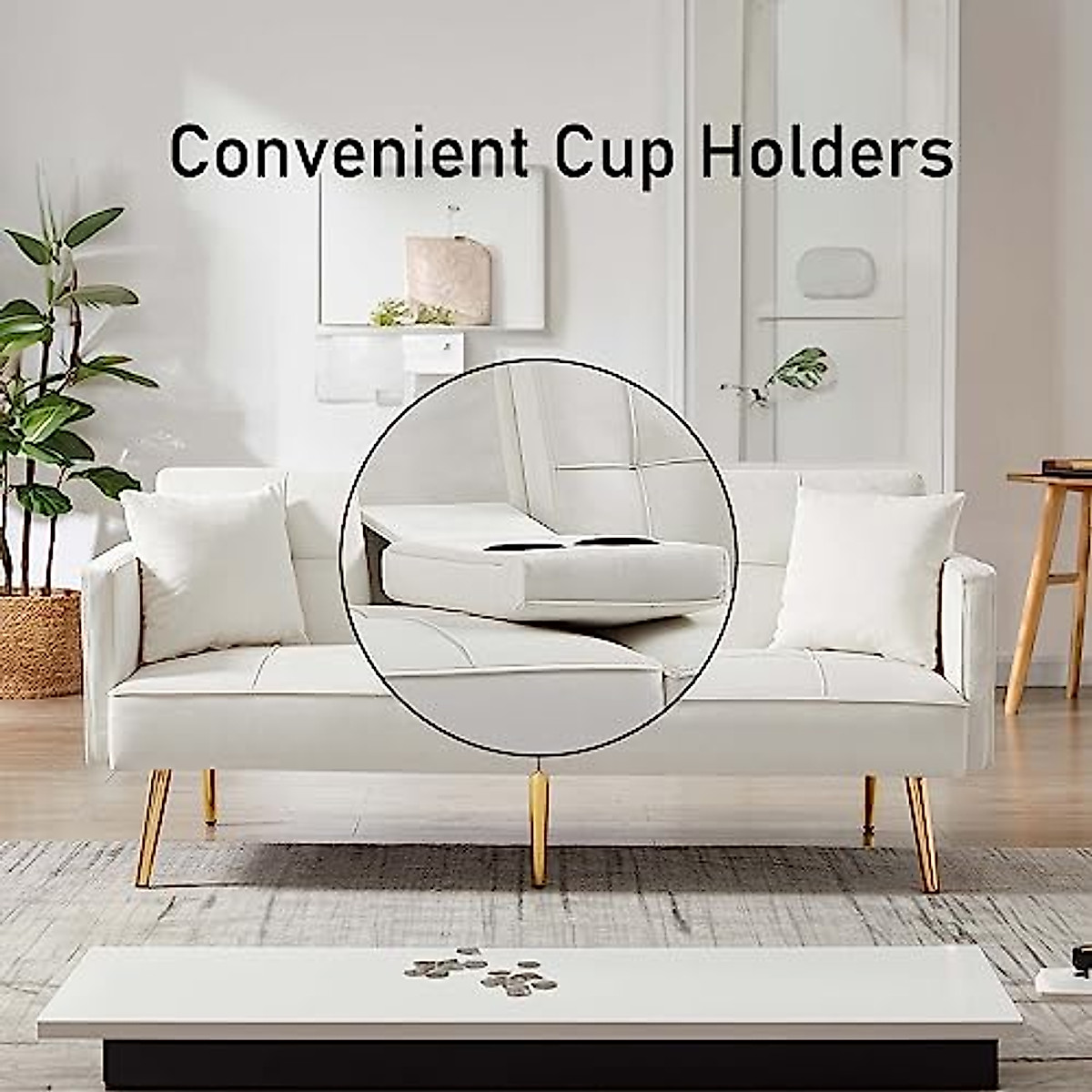 RIDFY 69” Convertible Futon Sofa Bed 2 Cup Holders, Modern Tufted Velvet Sleeper Couch with Metal Legs,Side Pocket,Folding Upholstered Loveseat,Memory Foam Living Seat Daybed,White