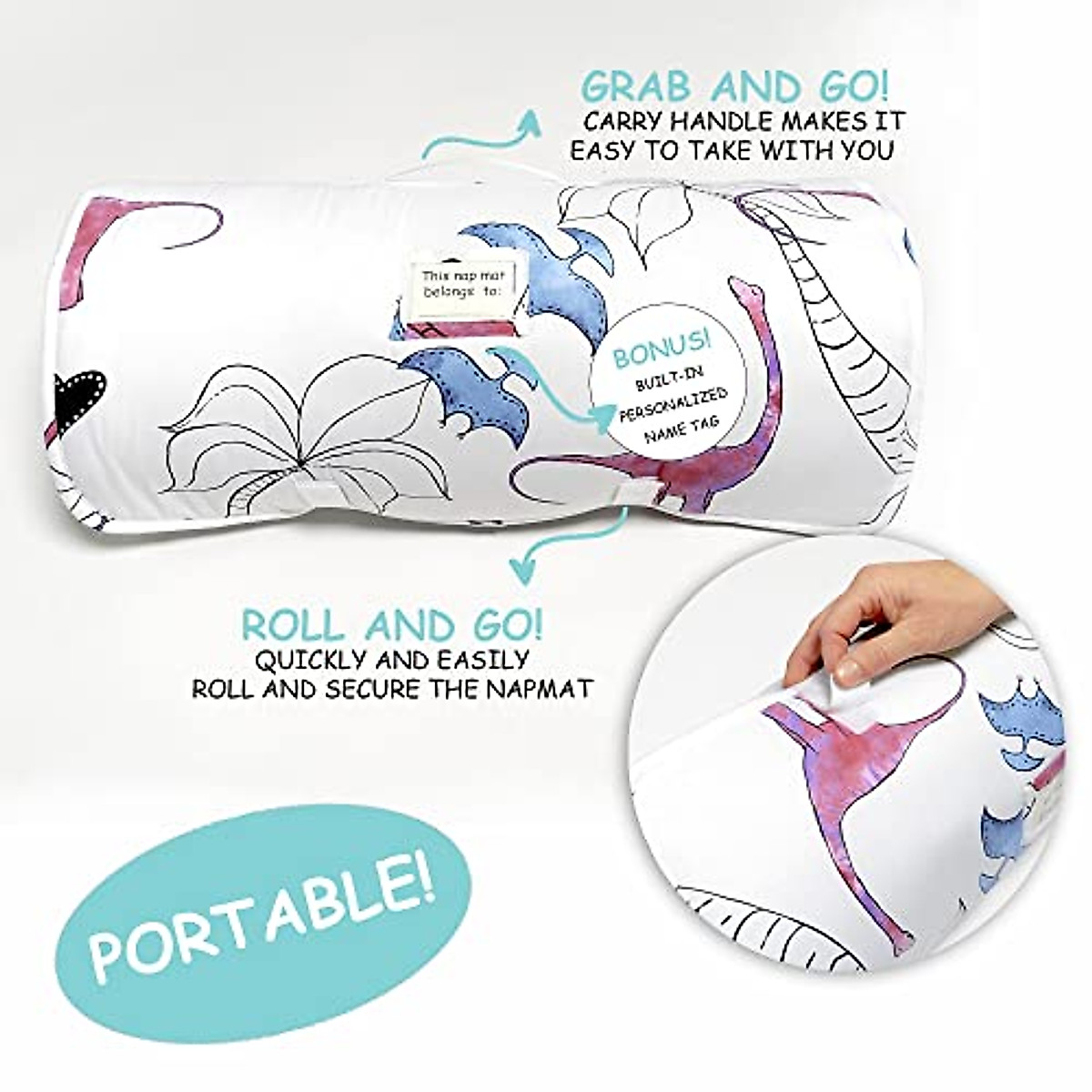 JumpOff Jo - Toddler Nap Mat for Preschool, Daycare, and Kindergarten - Sleeping Bag for Kids with Removable Pillow and Ultra Soft Blanket - Pink Dino