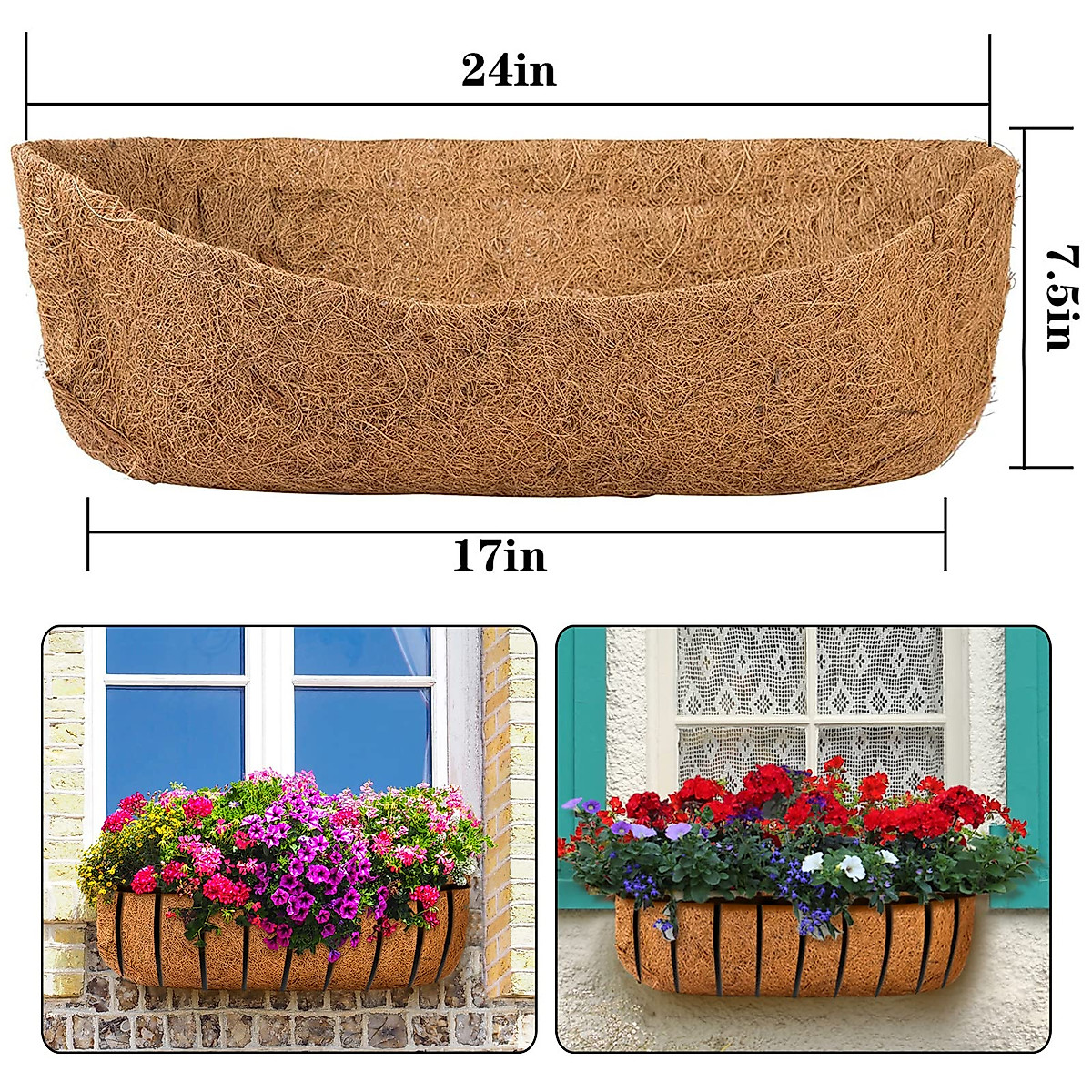 ANPHSIN 3 Pack Coco Liners for Window Planter Box - 24 Inch 100% Natural Coconut Coir Fiber Liner Replacement for Deck Flower Box, Garden Railing Fence Trough, Wall Planter Basket, Vegetables Pot