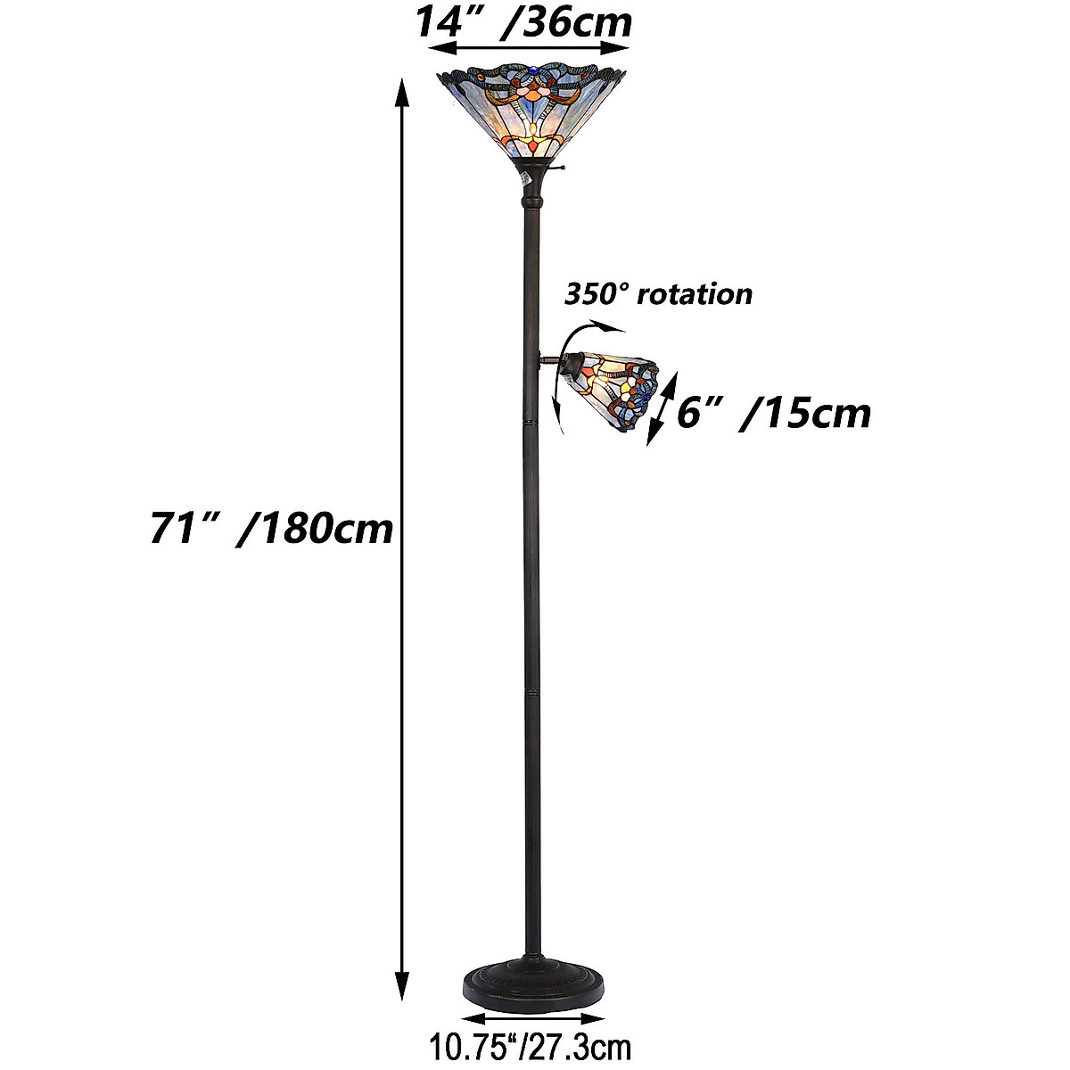 Bieye L10686 Baroque Tiffany Style Stained Glass Torchiere Floor Lamp with Sidelight for Reading Home Decor, 71-inch Tall